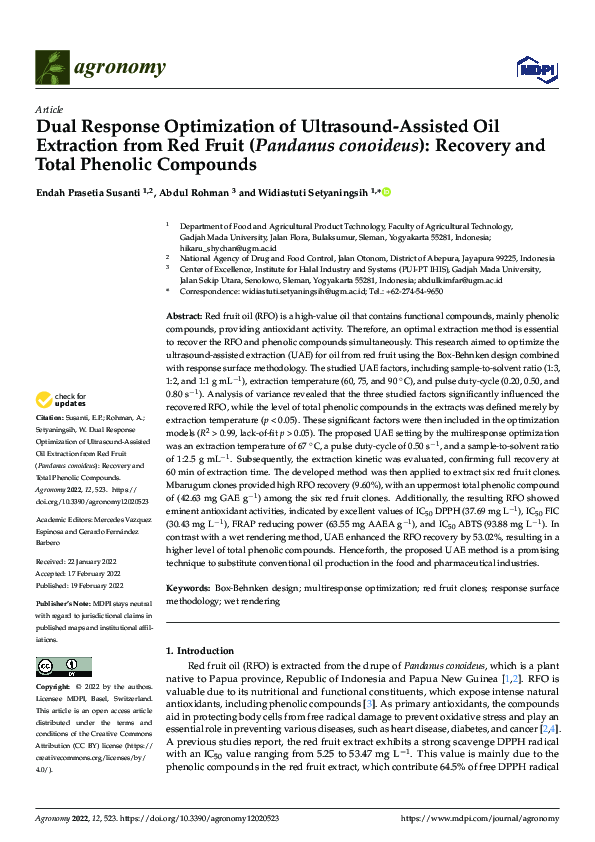 (PDF) Dual Response Optimization of Ultrasound-Assisted Oil Extraction from Red Fruit (Pandanus ...