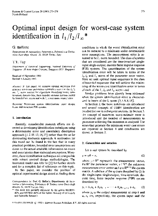 Pdf Optimal Input Design For Worst Case System Identification In Tay Tay