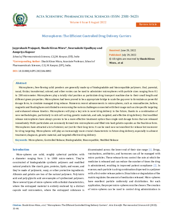 (PDF) Microspheres: The Efficient Controlled Drug Delivery Carriers