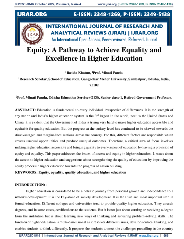 (PDF) Equity: A Pathway to Achieve Equality and Excellence in Higher Education