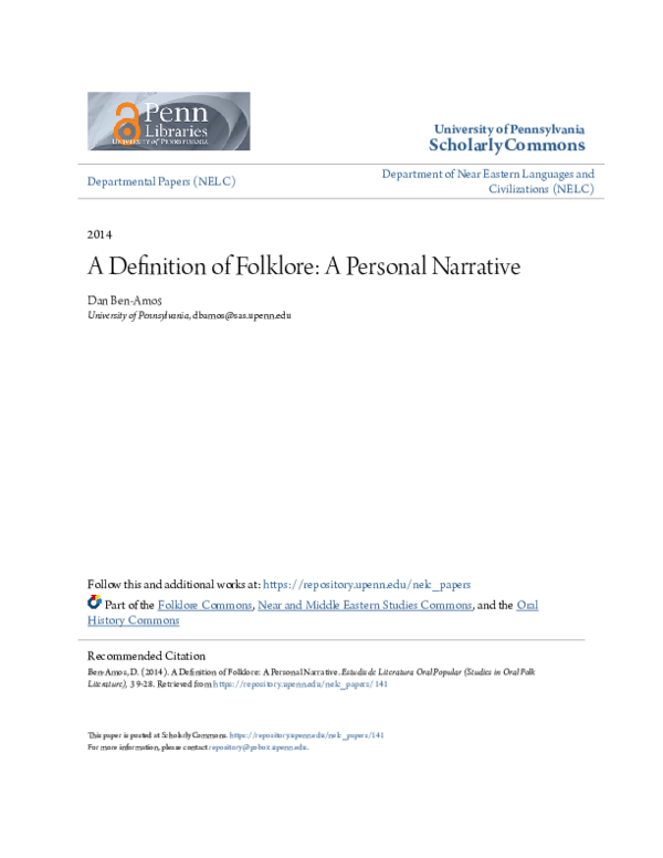 (PDF) A Definition of Folklore: A Personal Narrative