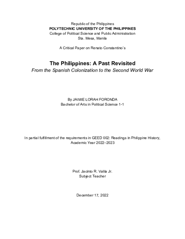 (DOC) A Critical Paper in The Philippines: A Past Revisited