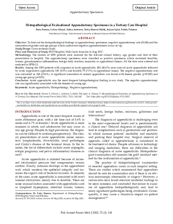 (PDF) Histopathological Evaluationof Appendectomy Specimens in a ...