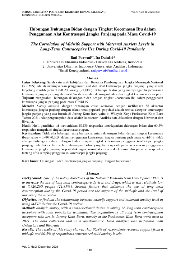 (PDF) Hubungan Dukungan Bidan dengan Tingkat Kecemasan Ibu dalam Penggunaan Alat Kontrasepsi ...