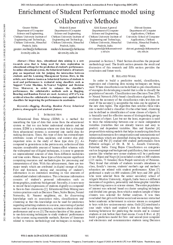 (PDF) Enrichment of Student Performance model using Collaborative Methods