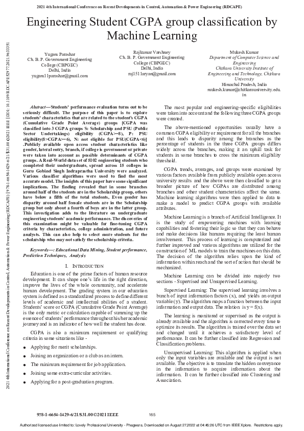 (PDF) Engineering Student CGPA group classification by Machine Learning