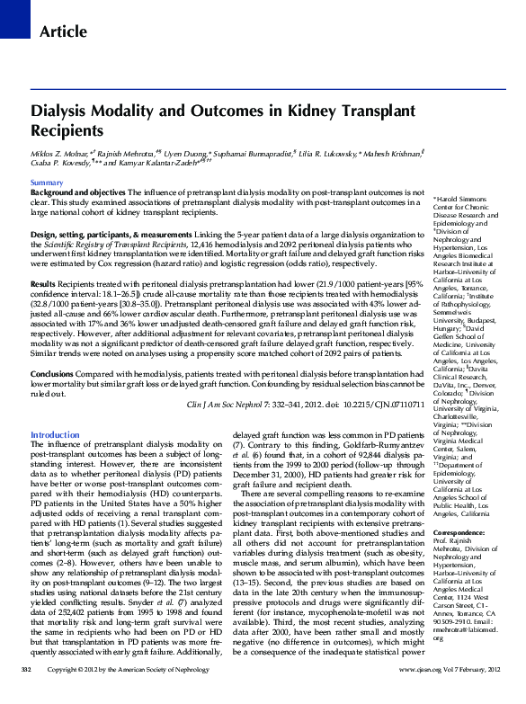 (PDF) Dialysis Modality and Outcomes in Kidney Transplant Recipients