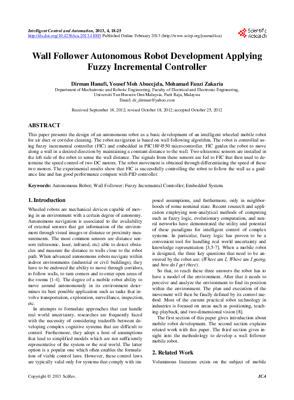 Pdf Wall Follower Autonomous Robot Development Applying Fuzzy Incremental Controller