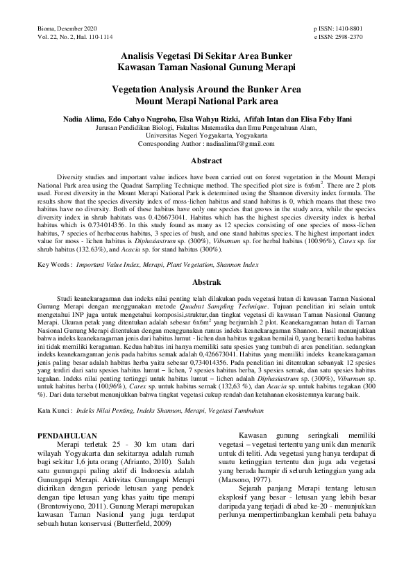 (PDF) Analisis Vegetasi Di Sekitar Area Bunker Kawasan Taman Nasional Gunung Merapi