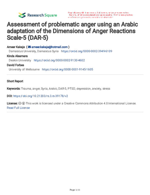 (PDF) Assessment of problematic anger using an Arabic adaptation of the ...