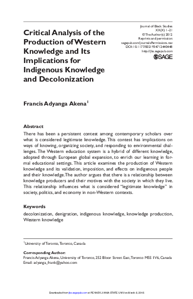 (PDF) Critical Analysis of the Production of Western Knowledge and Its ...