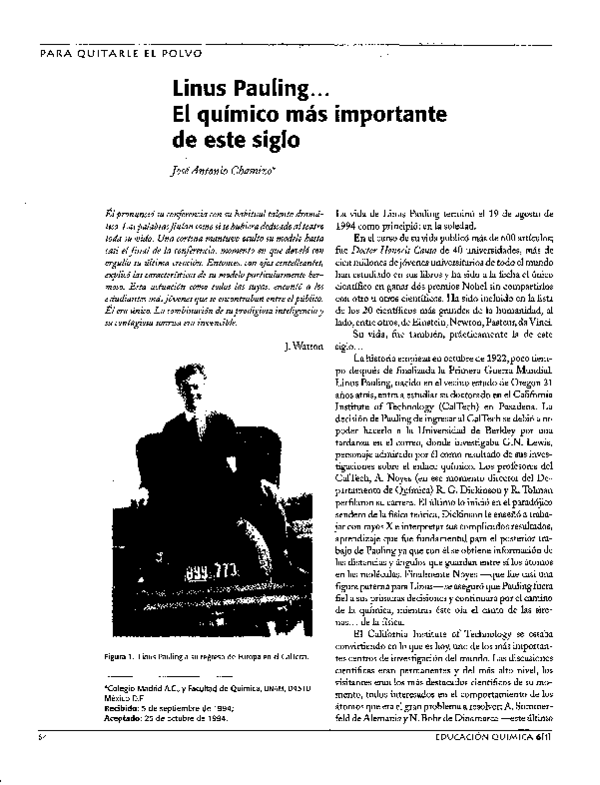 (PDF) Linus Pauling...: el químico más importante de este siglo | José ...