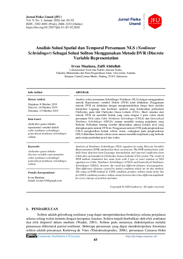 (PDF) Analisis Solusi Spatial dan Temporal Persamaan NLS (Nonlinear Schrödinger) Sebagai Solusi ...