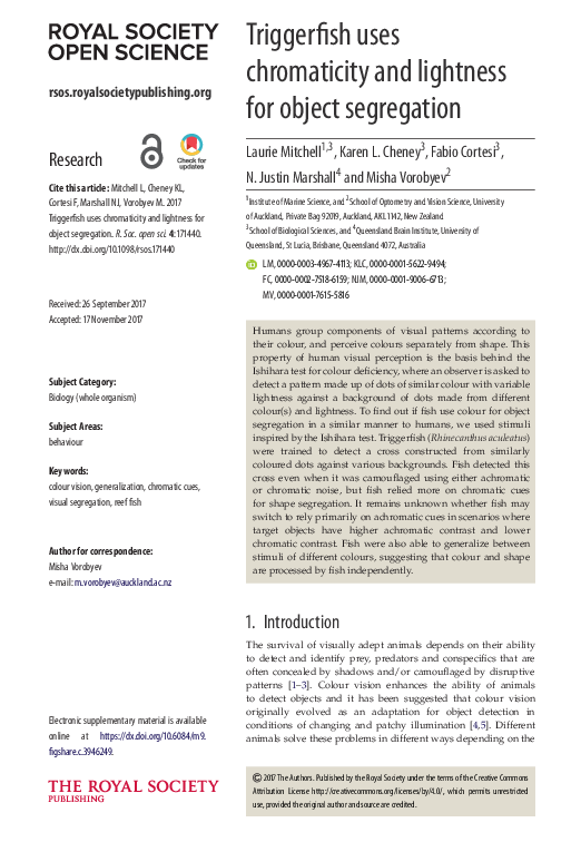 (PDF) Triggerfish uses chromaticity and lightness for object segregation | Misha Vorobyev ...