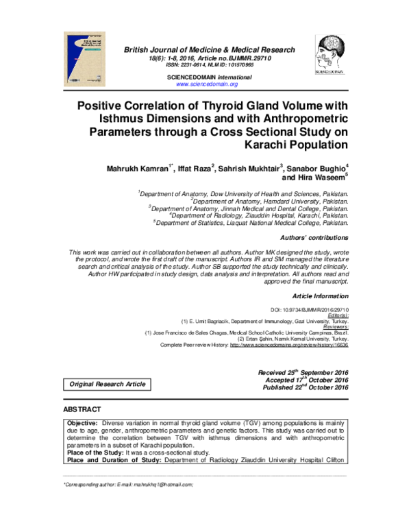 Pdf Positive Correlation Of Thyroid Gland Volume With Isthmus Dimensions And With