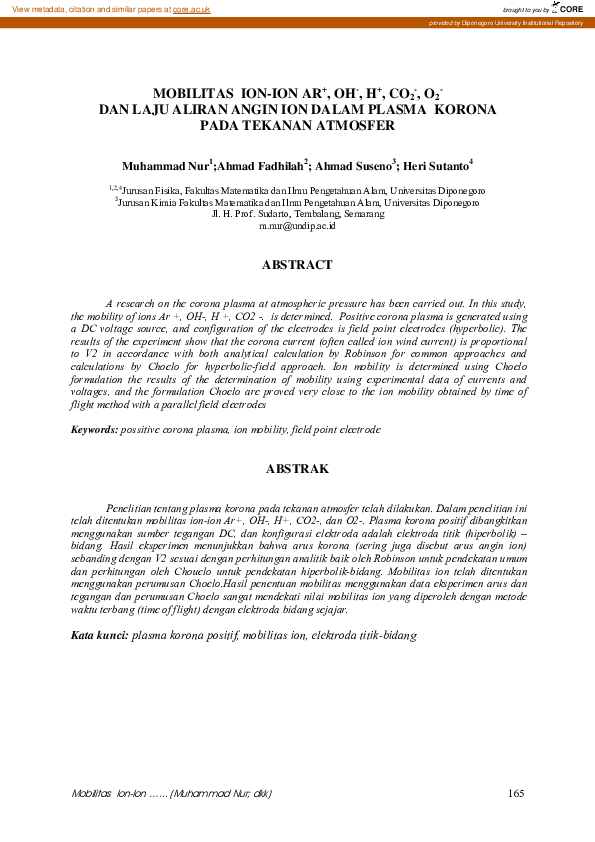 (PDF) Mobilitas Ion-Ion Ar+, Oh-, H+, CO2-, O2- Dan Laju Aliran Angin Ion Dalam Plasma Korona ...