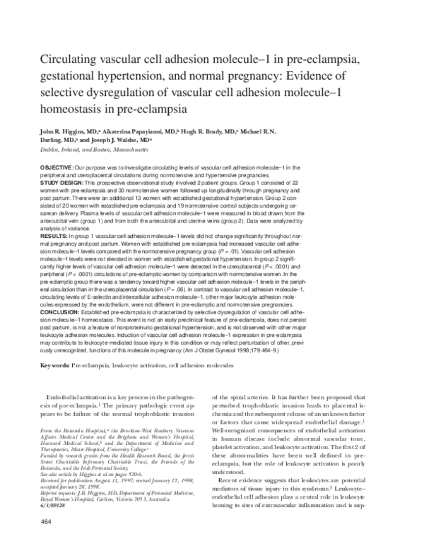 Pdf Circulating Vascular Cell Adhesion Molecule 1 In Pre Eclampsia Gestational Hypertension
