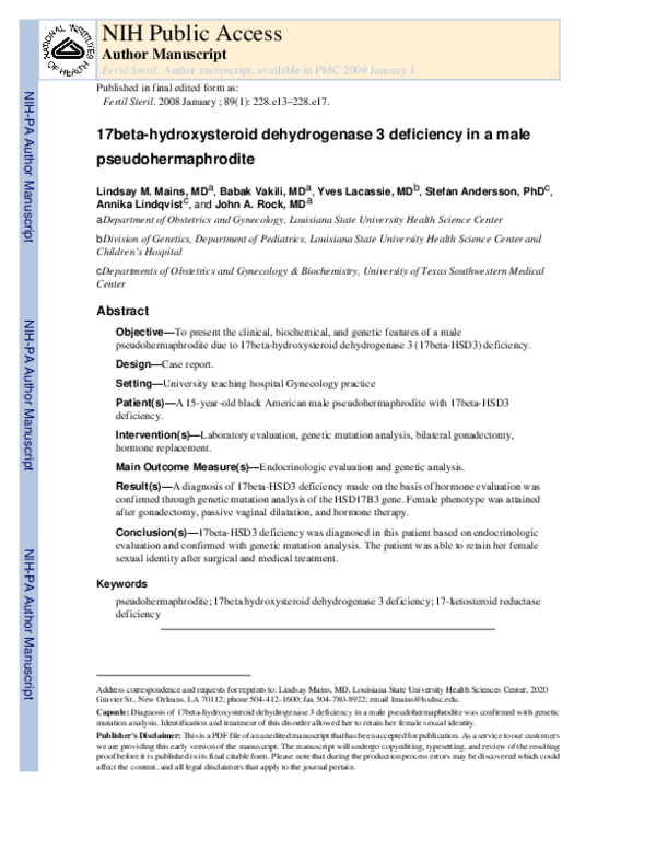(PDF) 17Β-HYDROXYSTEROID Dehydrogenase 3 Deficiency in a Male ...