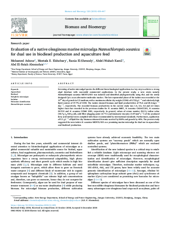 (PDF) Evaluation of a native oleaginous marine microalga Nannochloropsis oceanica for dual use ...