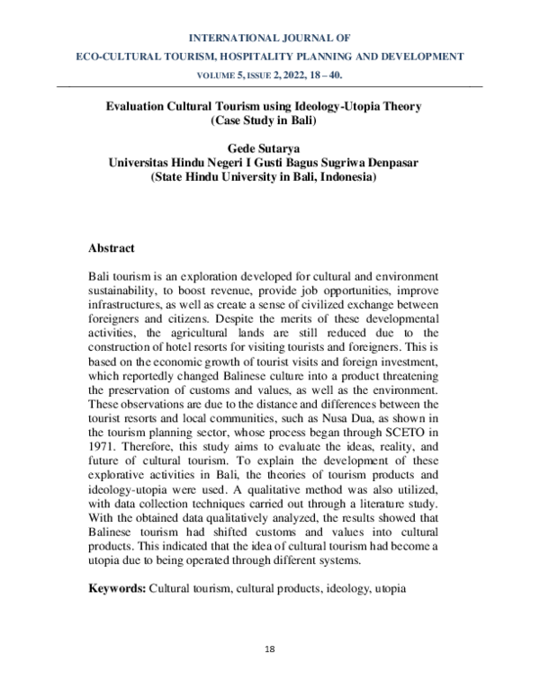 (PDF) Evaluation Cultural Tourism using Ideology-Utopia Theory (Case Study in Bali)