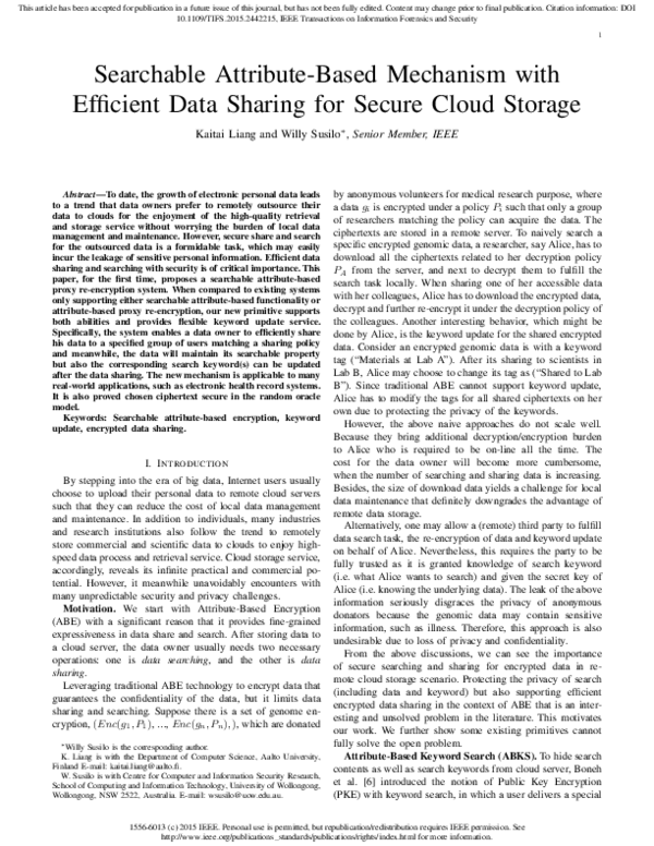 (PDF) Searchable Attribute-Based Mechanism With Efficient Data Sharing for Secure Cloud Storage