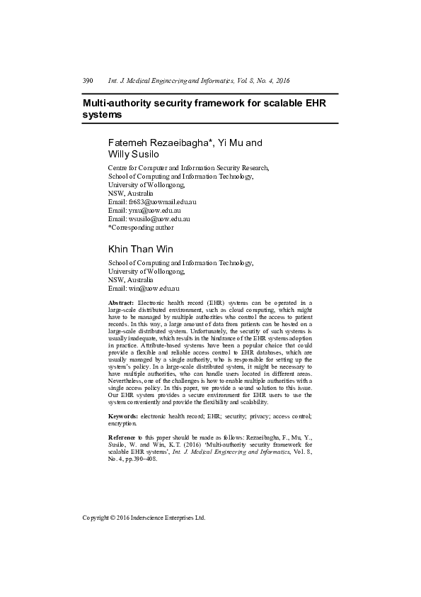 (PDF) Multi-authority security framework for scalable EHR systems