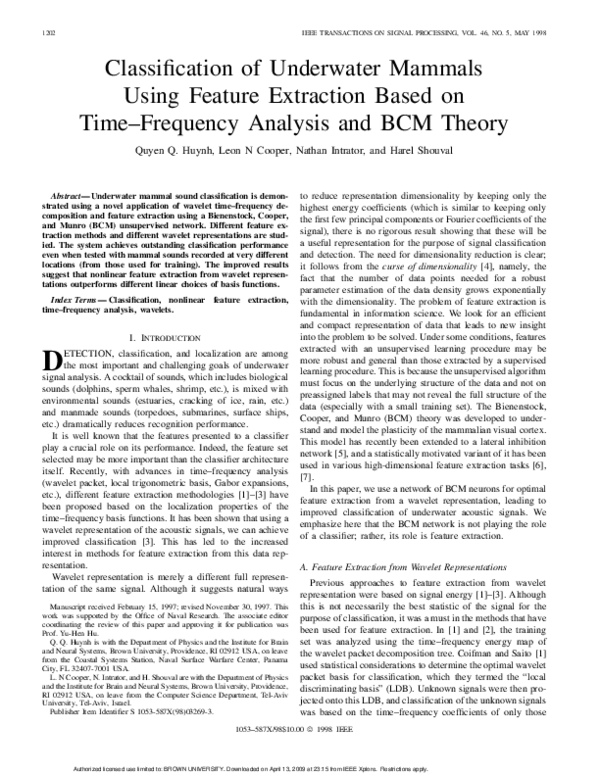 Pdf Classification Of Underwater Mammals Using Feature Extraction Based On Time Frequency
