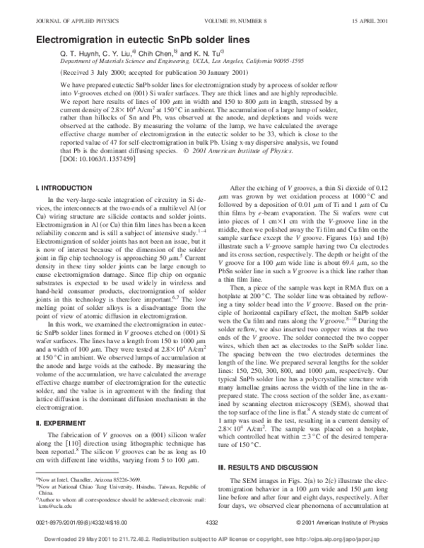 (PDF) Electromigration in eutectic SnPb solder lines