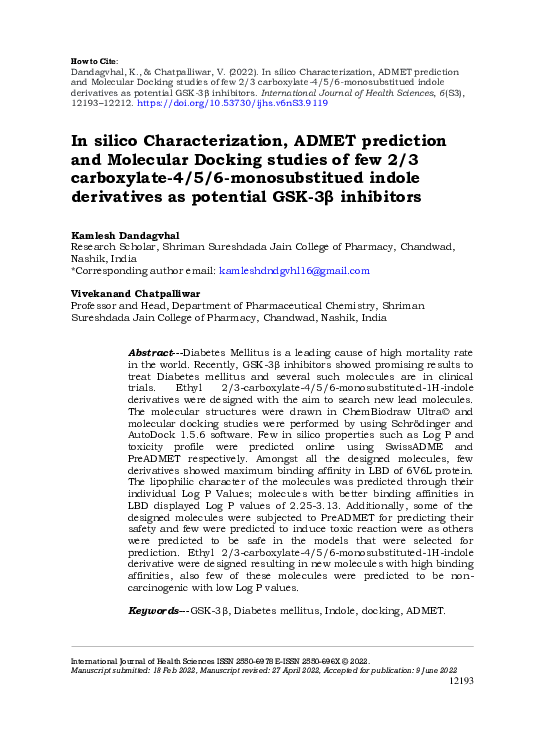 (PDF) In silico Characterization, ADMET prediction and Molecular Docking studies of few 2/3 ...