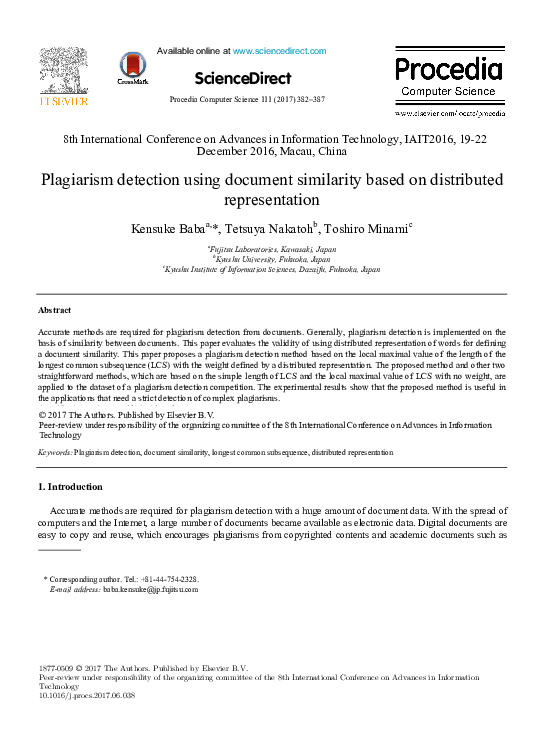 (PDF) Plagiarism detection using document similarity based on distributed representation
