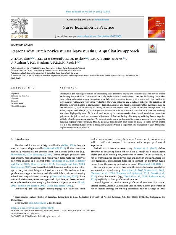 (PDF) Reasons why Dutch novice nurses leave nursing: A qualitative approach