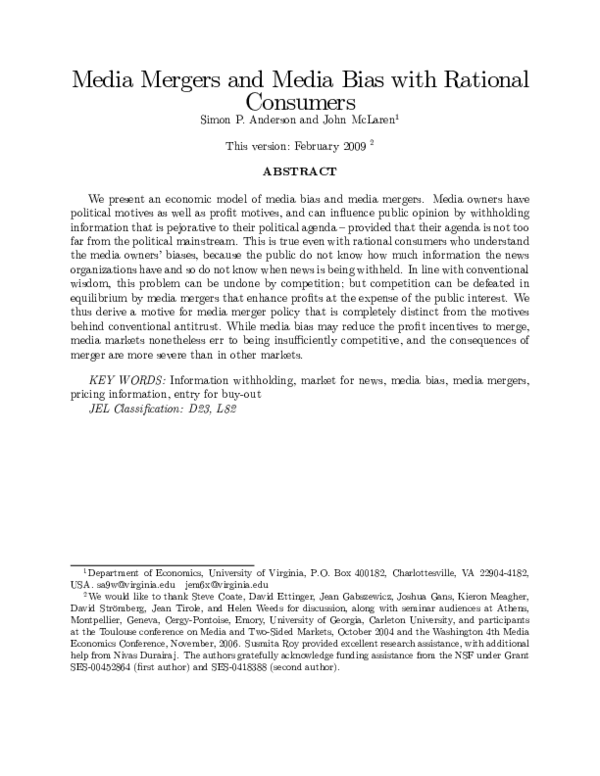 (PDF) Media Mergers and Media Bias with Rational Consumers