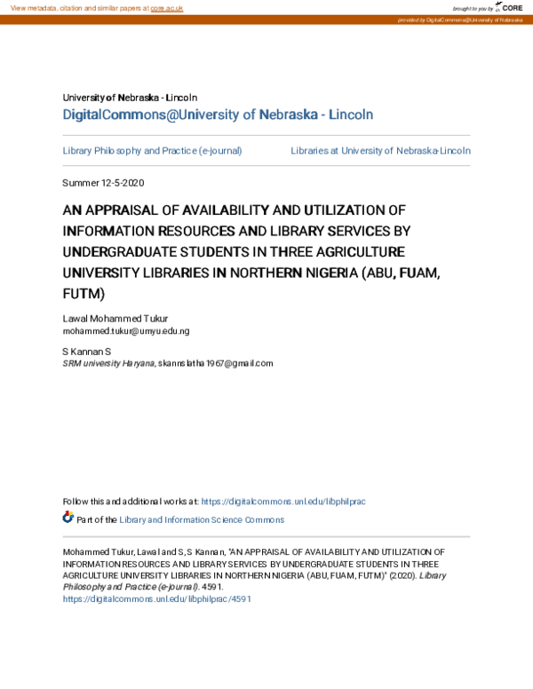 (PDF) An Appraisal of Availability and Utilization of Information Resources and Library Services ...