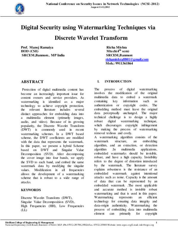 (PDF) Digital Security using Watermarking Techniques via Discrete Wavelet Transform
