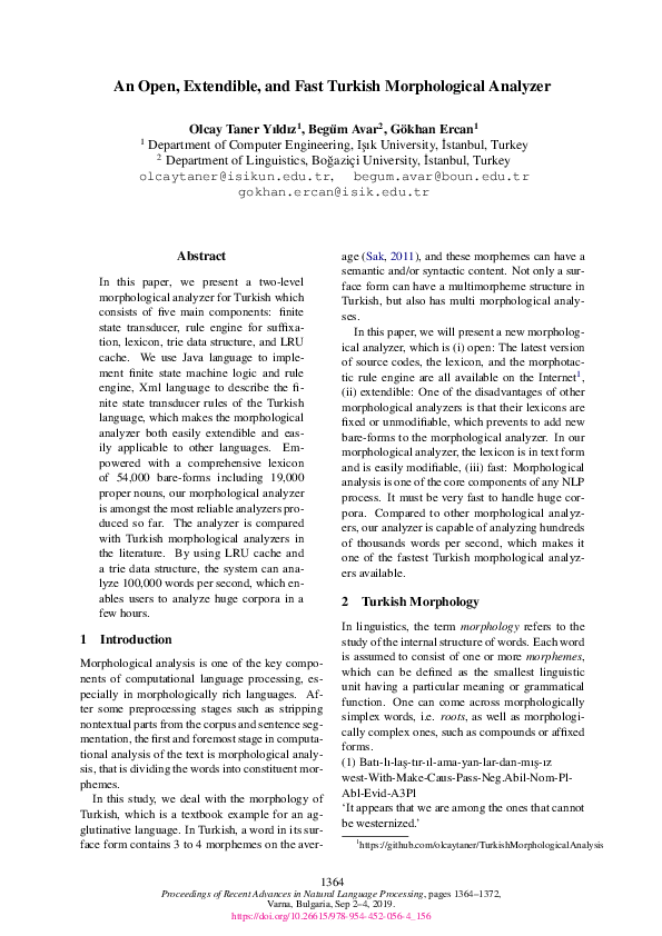 (PDF) An Open, Extendible, and Fast Turkish Morphological Analyzer