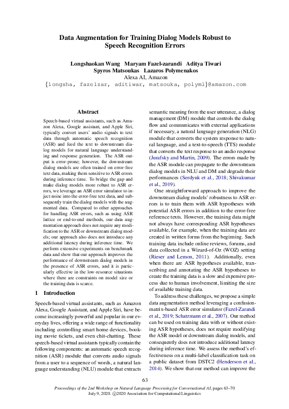 (PDF) Data Augmentation for Training Dialog Models Robust to Speech Recognition Errors