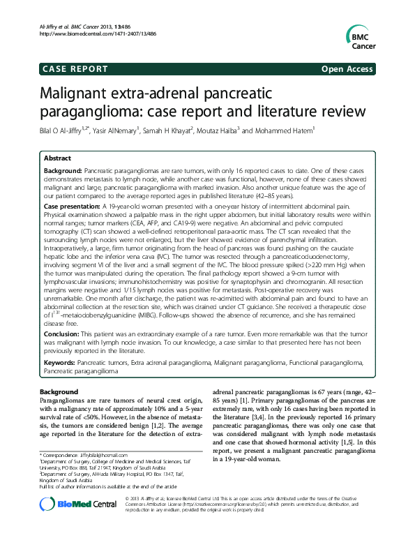 (PDF) Malignant extra-adrenal pancreatic paraganglioma: case report and literature review ...