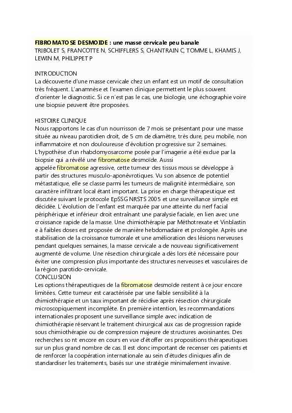 (DOC) Fibromatose desmoide : une masse cervicale peu banale