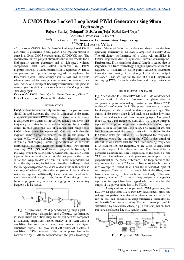 (PDF) A CMOS Phase Locked Loop based PWM Generator using 90 nm Technology