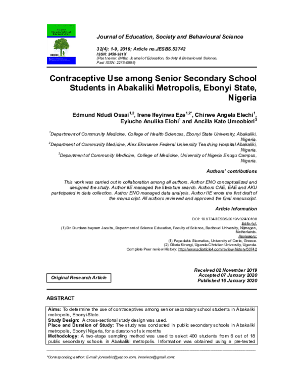 (PDF) Contraceptive Use among Senior Secondary School Students in ...