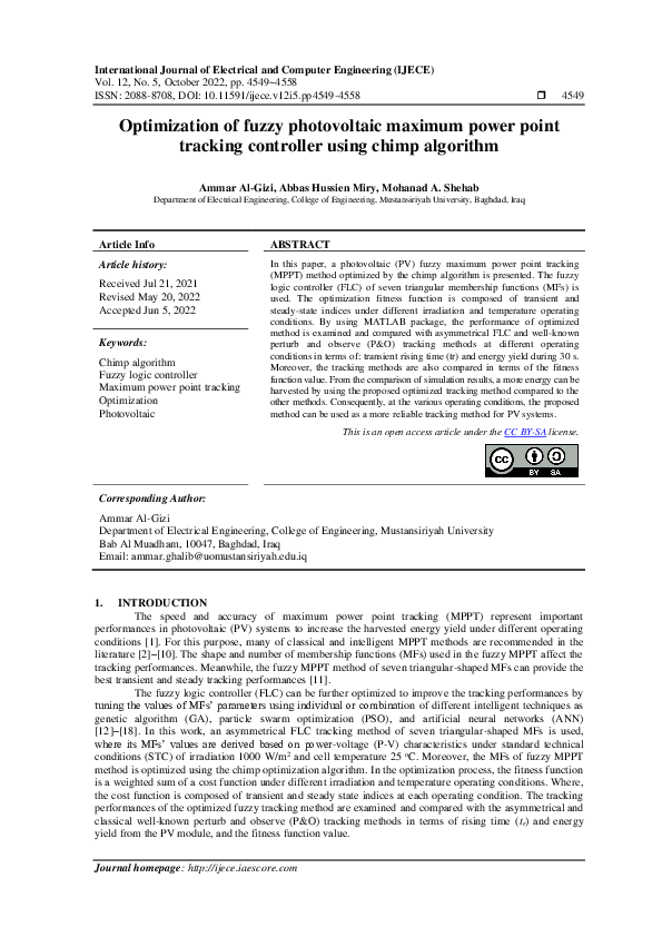 Pdf Optimization Of Fuzzy Photovoltaic Maximum Power Point Tracking
