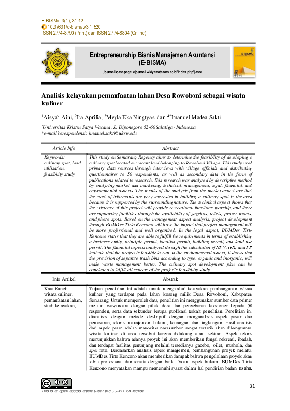 (PDF) Analisis kelayakan pemanfaatan lahan Desa Rowoboni sebagai wisata ...