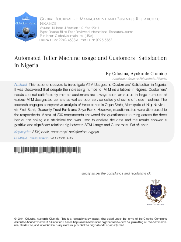 (PDF) Automated Teller Machine usage and Customers' Satisfaction in Nigeria By Odusina, Ayokunle ...