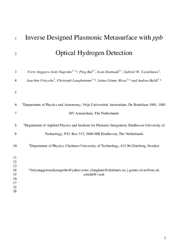 Pdf Metasurface For Ppb Optical Hydrogen Detection 