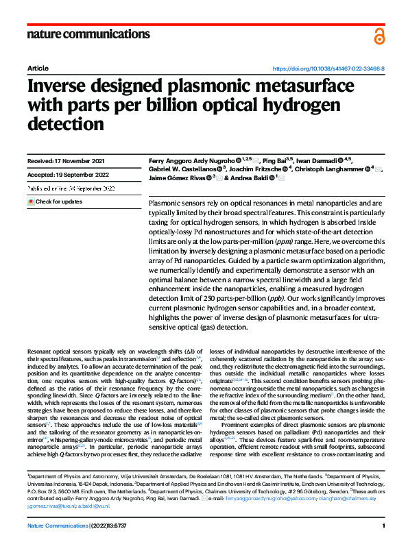 (PDF) Inverse designed plasmonic metasurface with parts per billion optical hydrogen detection