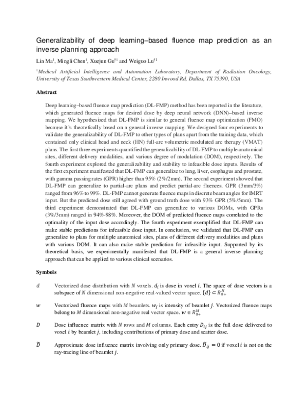 Pdf Generalizability Of Deep Learning Based Fluence Map Prediction As An Inverse Planning Approach 