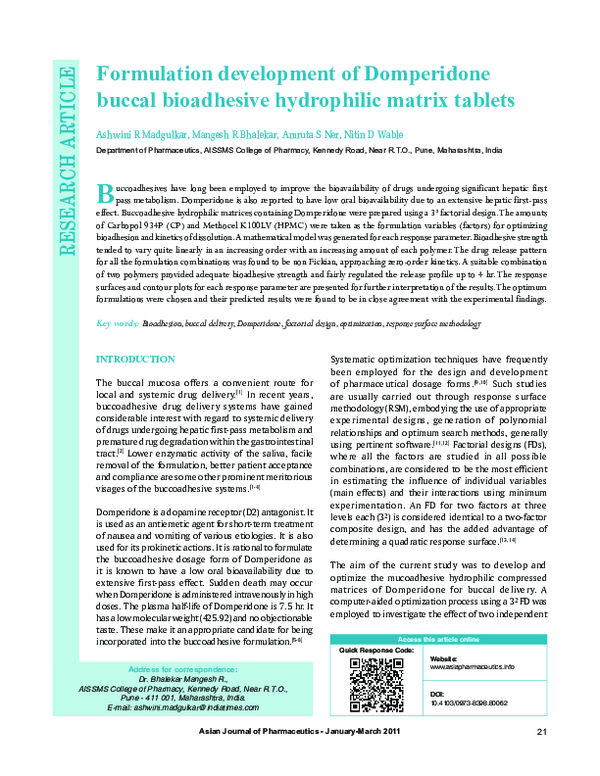 Pdf Formulation Development Of Domperidone Buccal Bioadhesive Hydrophilic Matrix Tablets