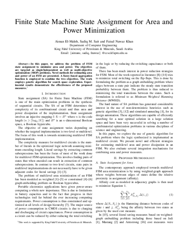 Pdf Finite State Machine State Assignment For Area And Power Minimization Sadiq M Sait