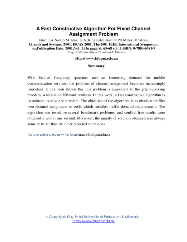 (PDF) A fast constructive algorithm for fixed channel assignment problem | Sadiq M Sait ...