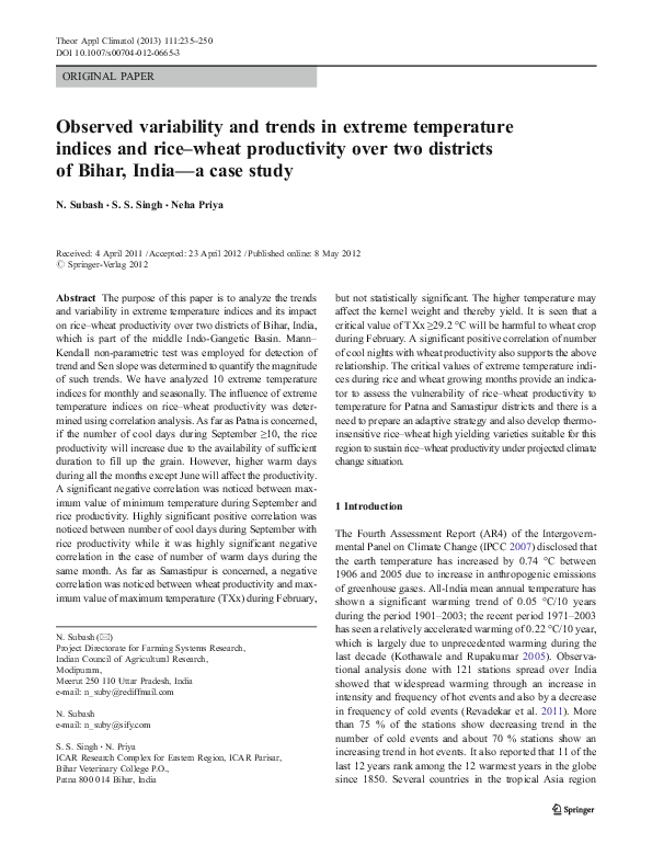 (PDF) Observed variability and trends in extreme temperature indices ...